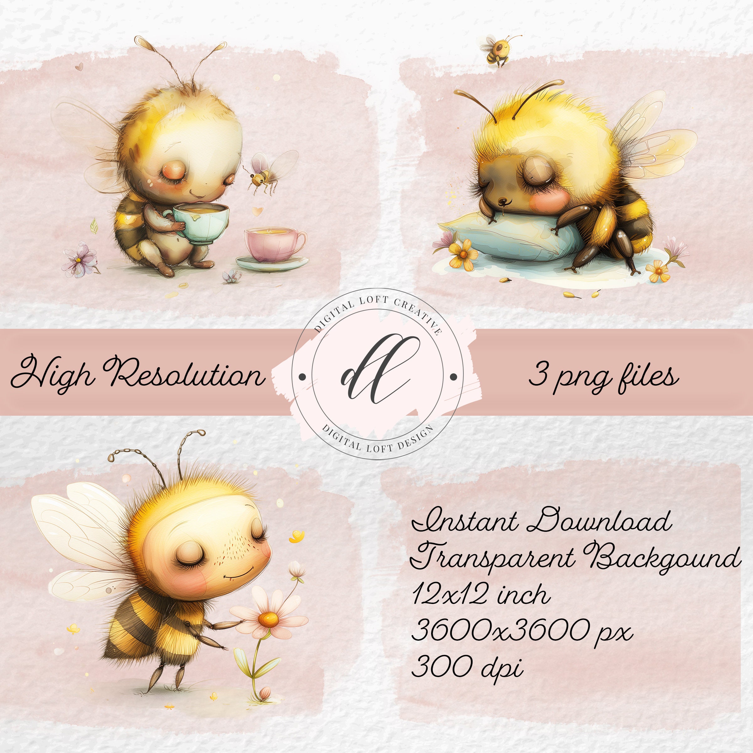 Whimsical Watercolor Baby Bees Nursery Decor Clipart PNG Bundle ...