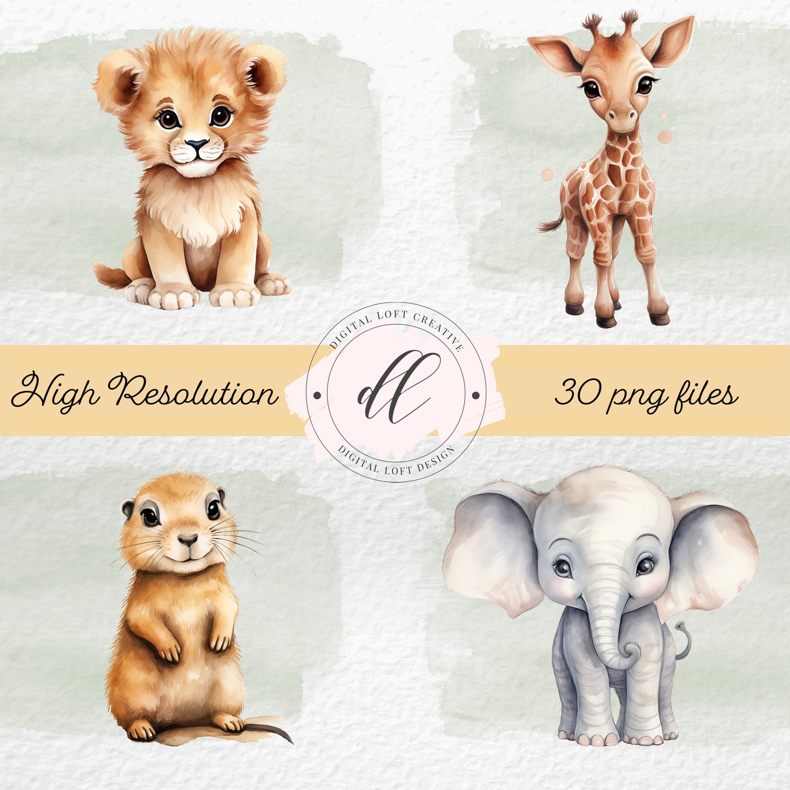 Safari Friends Watercolor African Animals Clipart Bundle Grasses and ...