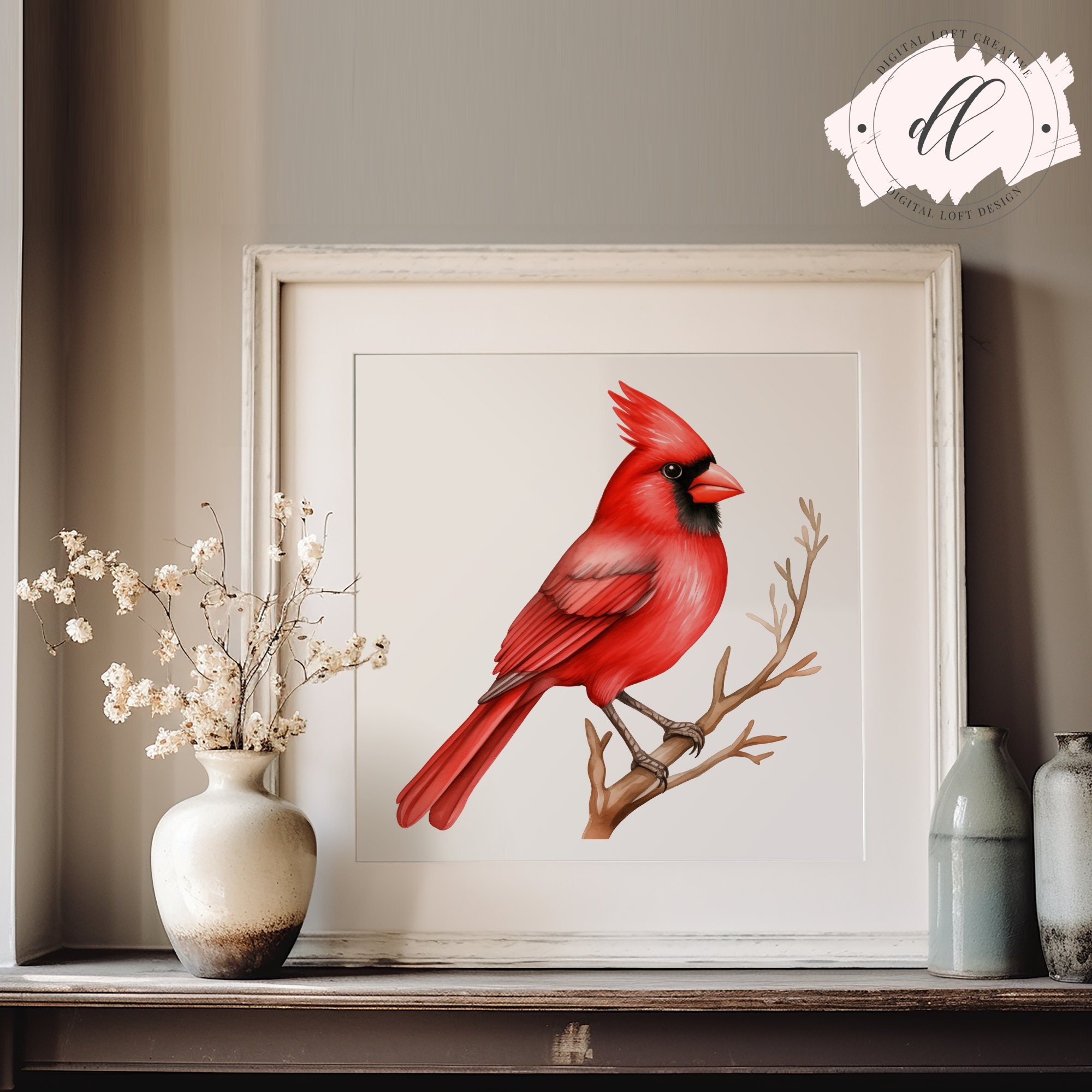 Red Cardinal Bird Digital Art Print, Vibrant Wildlife Illustration ...