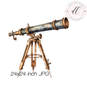 Vintage Telescope Illustration, Antique Brass Telescope Digital Print ...