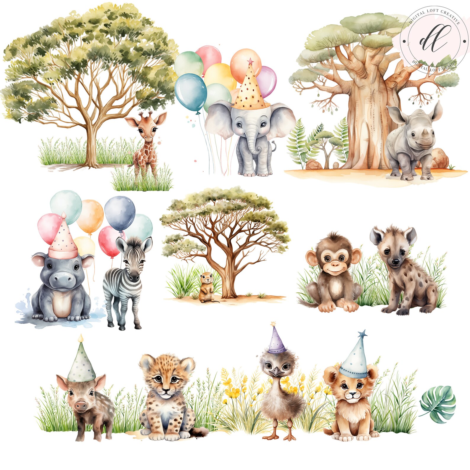 Safari Friends Watercolor African Animals Clipart Bundle Grasses and ...