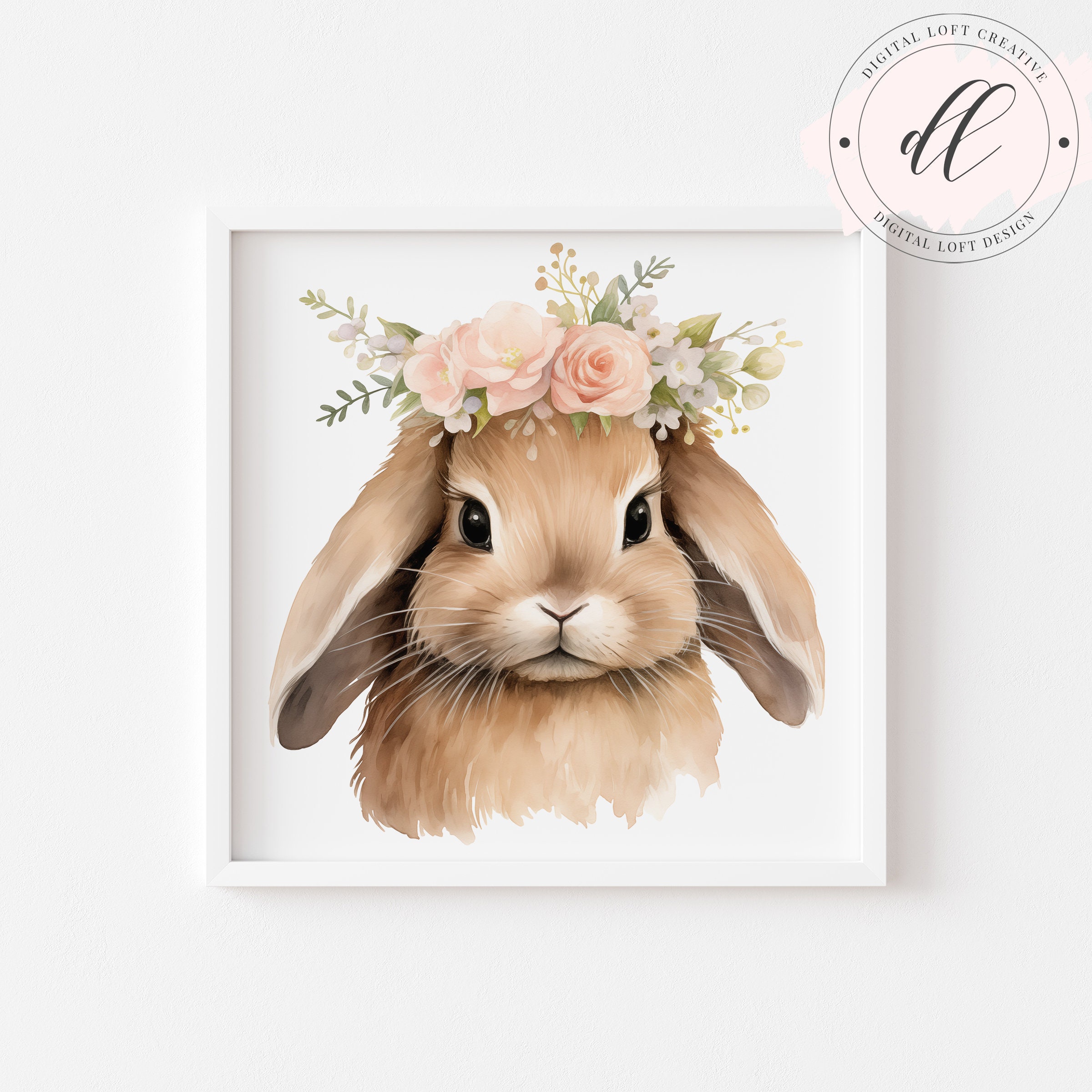 Bunny Rabbit With Floral Crown Watercolor JPG Digital Art Print Wall ...