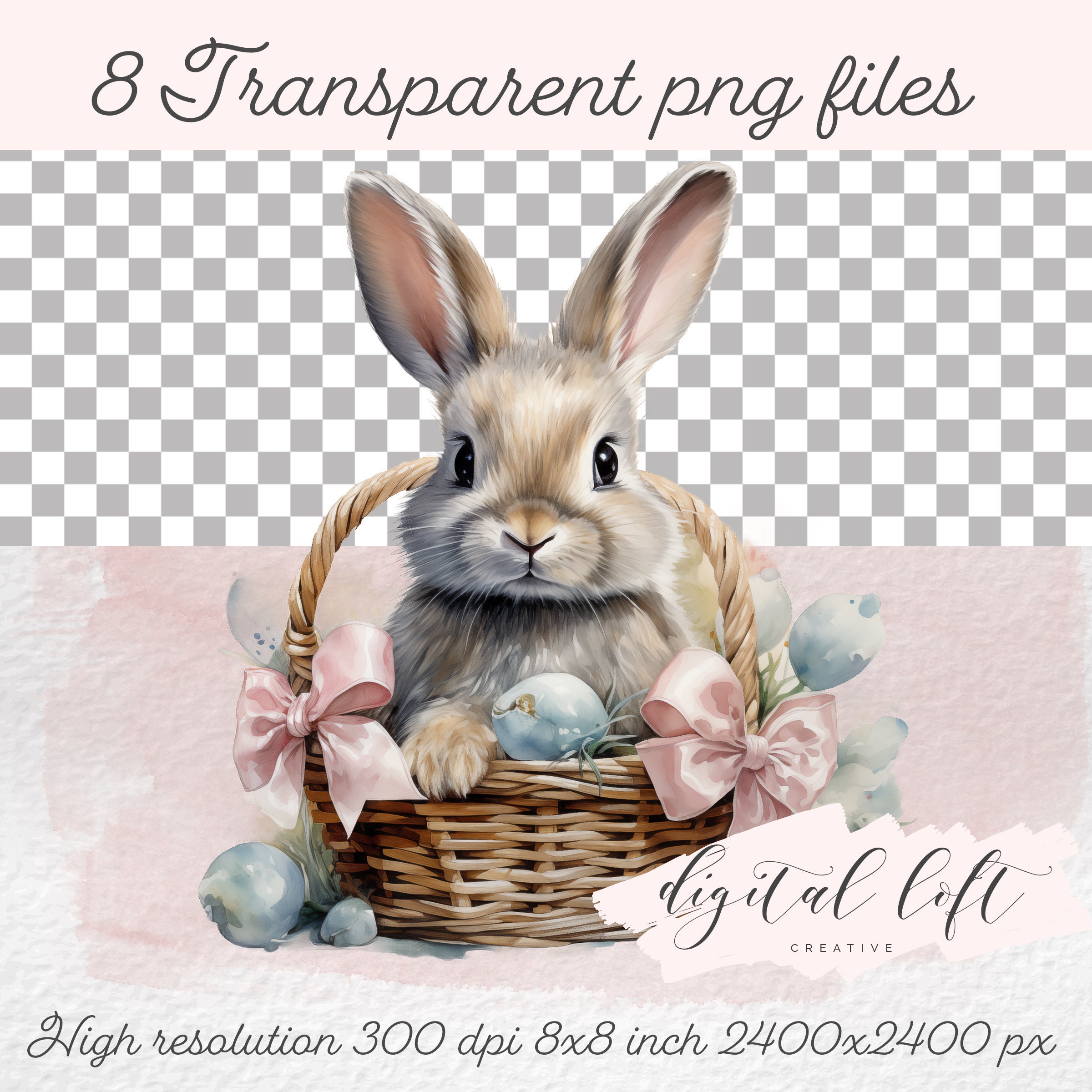 8 PNG Easter Basket Bunny Bundle, Cute Rabbit Illustration, Animal ...