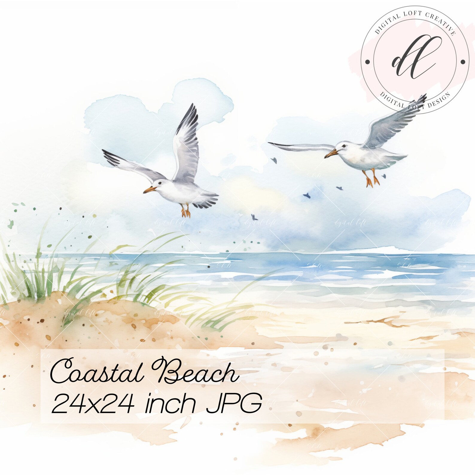 Coastal Beach Scene Watercolor Print, Seagulls Flying Over Ocean ...