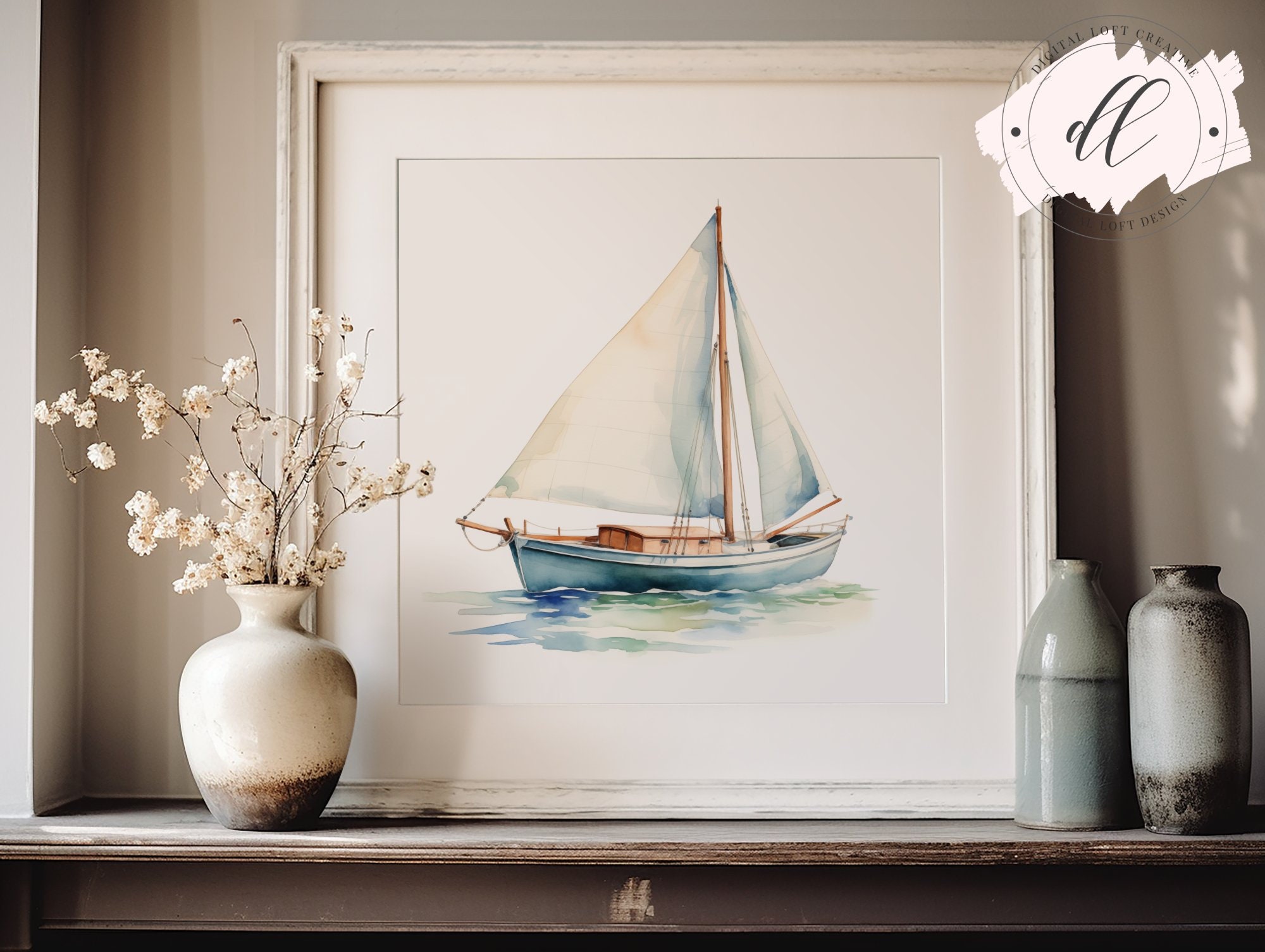 Sailboat Watercolor Print, Nautical Decor, Digital Download, Ocean Art ...