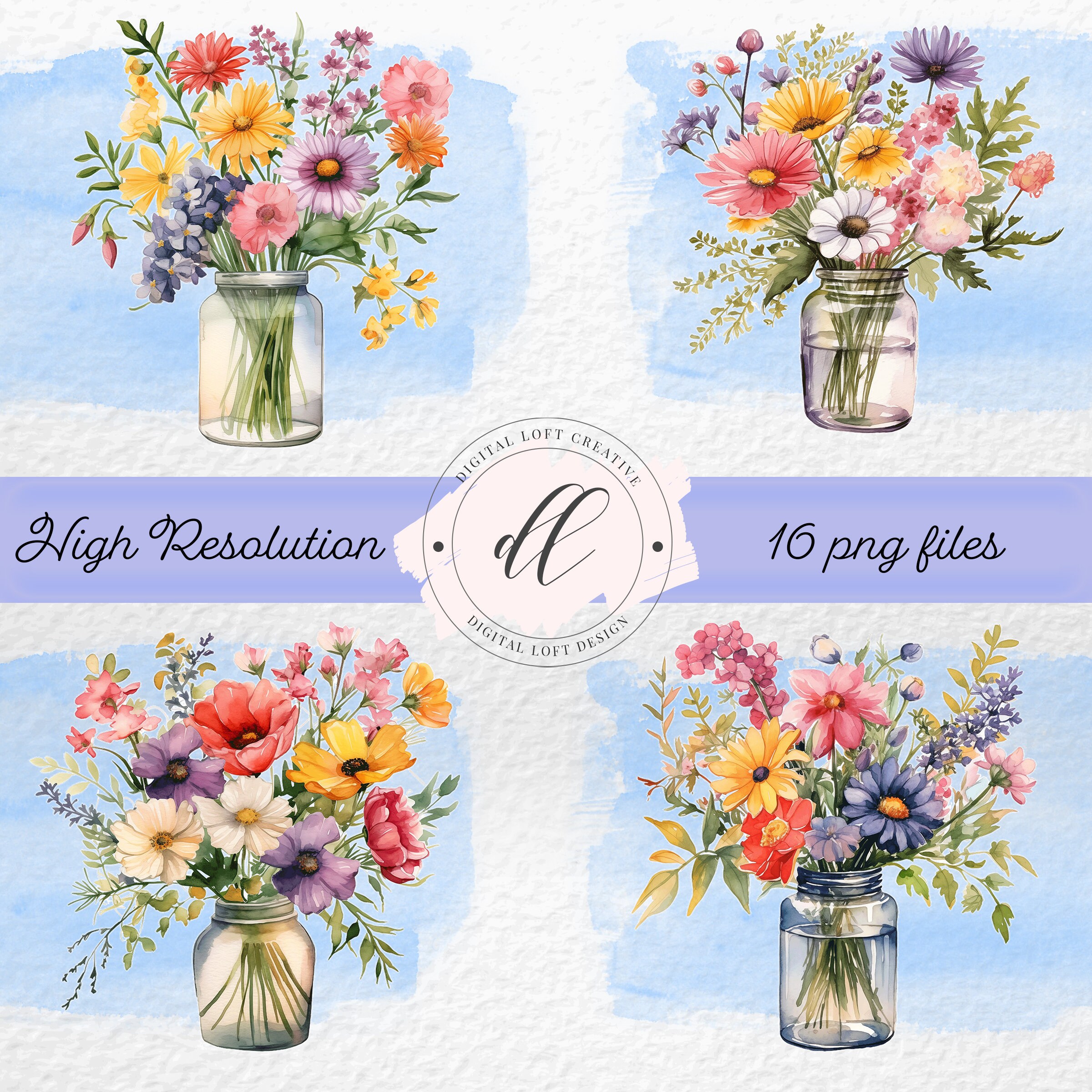 Mason Jar Wildflowers Bouquet Watercolor Scrapbooking Junk Journal ...