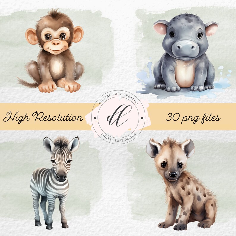 Safari Friends Watercolor African Animals Clipart Bundle Grasses and ...