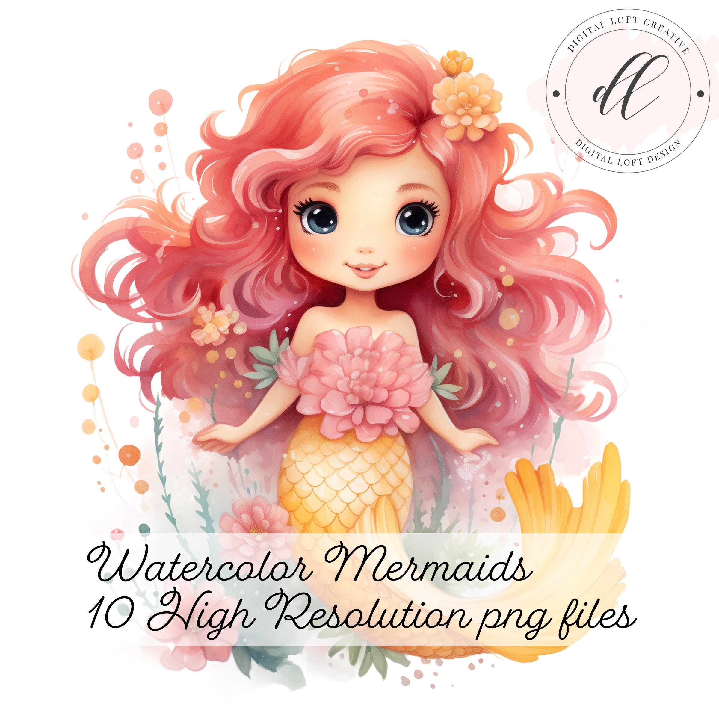 10 Watercolor Mermaids Clipart Bundle, Under the Sea Theme, Children's Wall Art, Mermaid ...