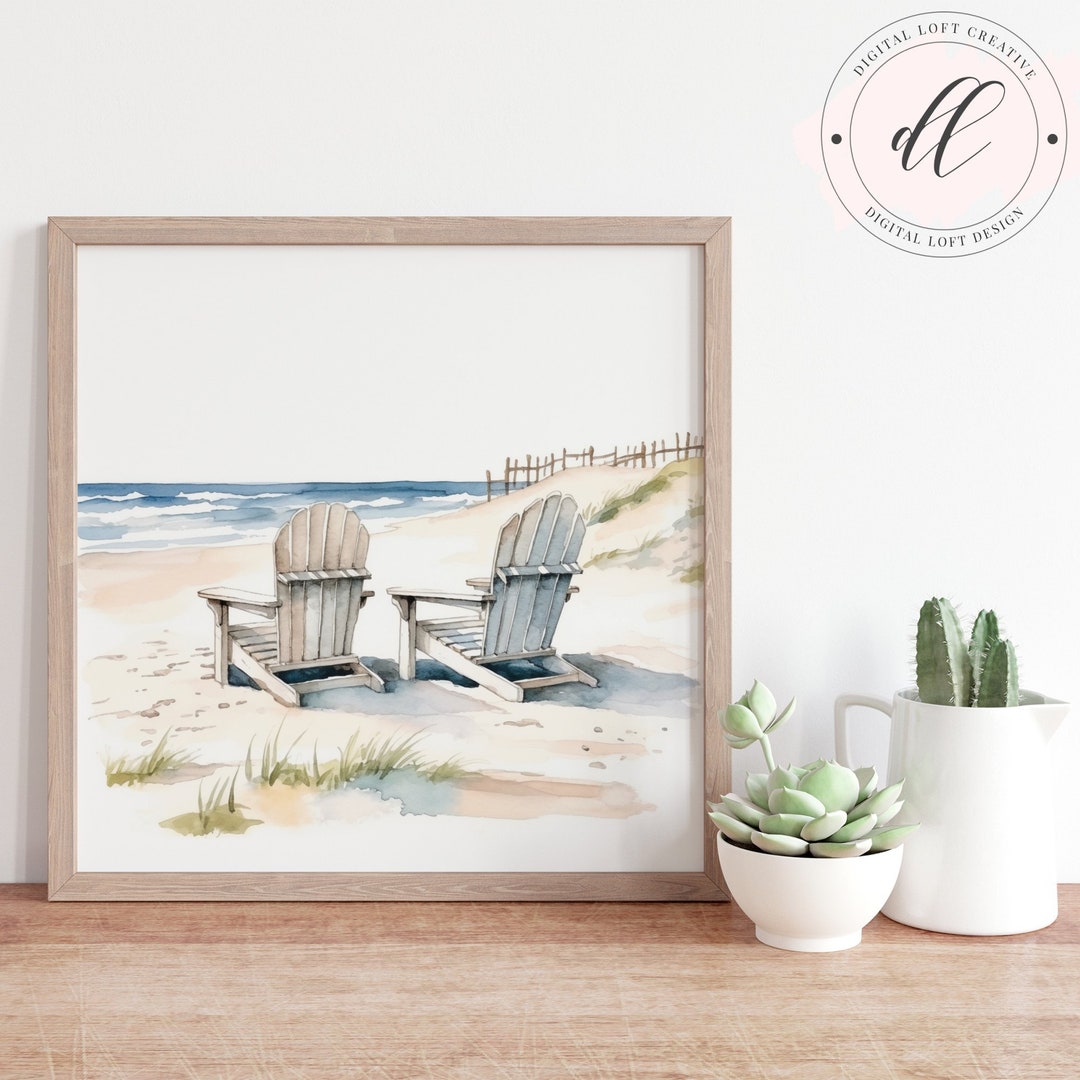 Beach Chairs Watercolor Print, Ocean View Printable Wall Art, Coastal ...
