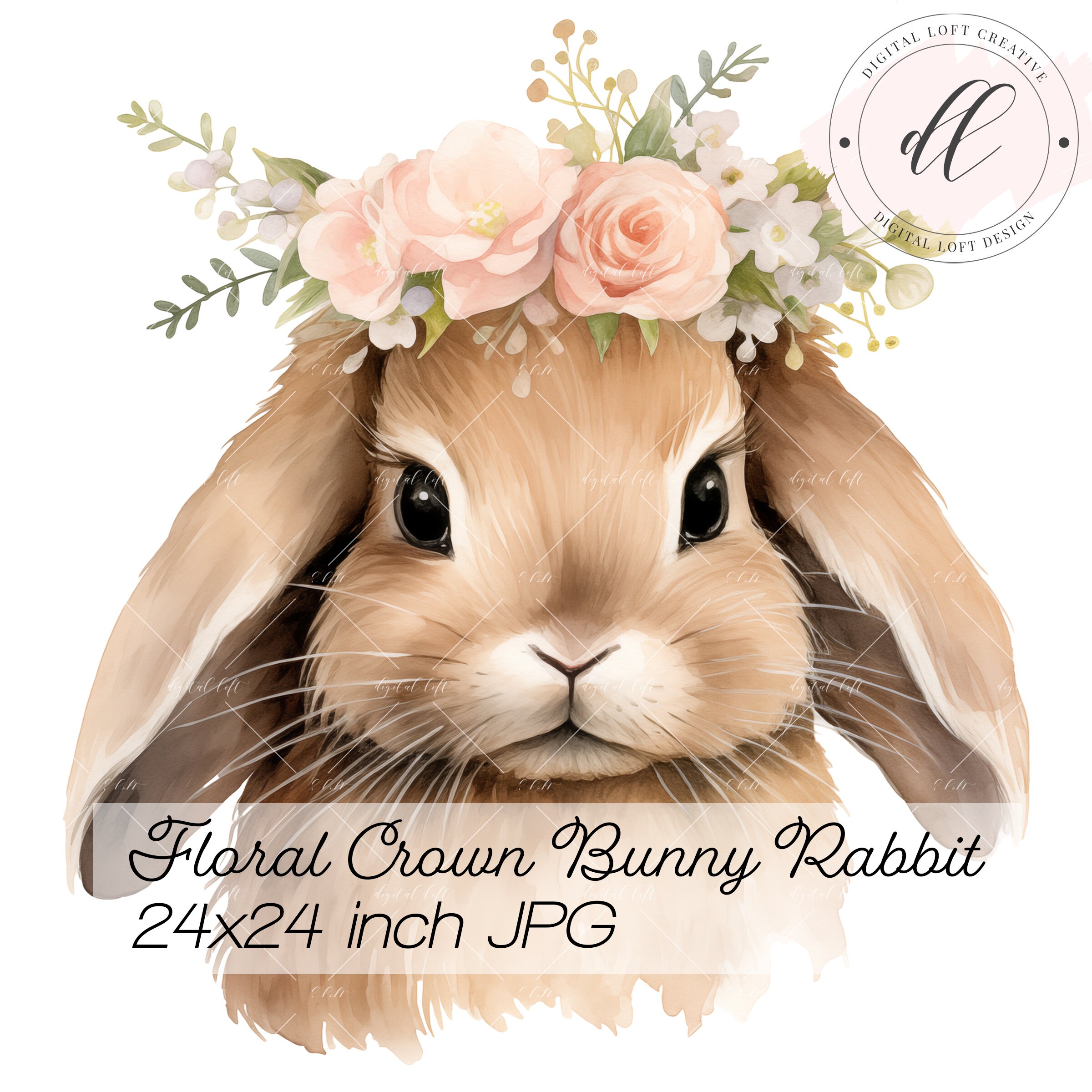 Bunny Rabbit With Floral Crown Watercolor JPG Digital Art Print Wall ...
