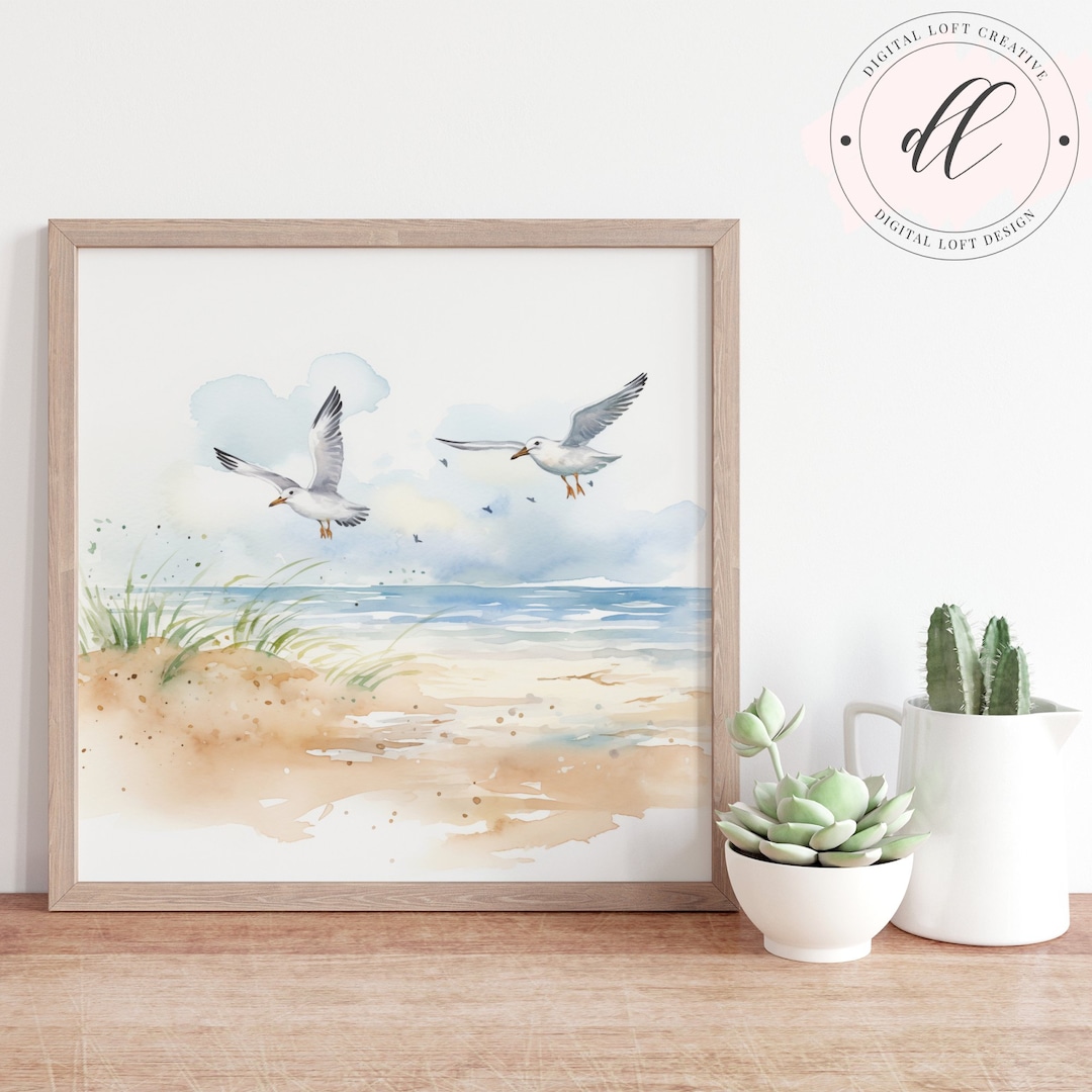 Coastal Beach Scene Watercolor Print, Seagulls Flying Over Ocean ...