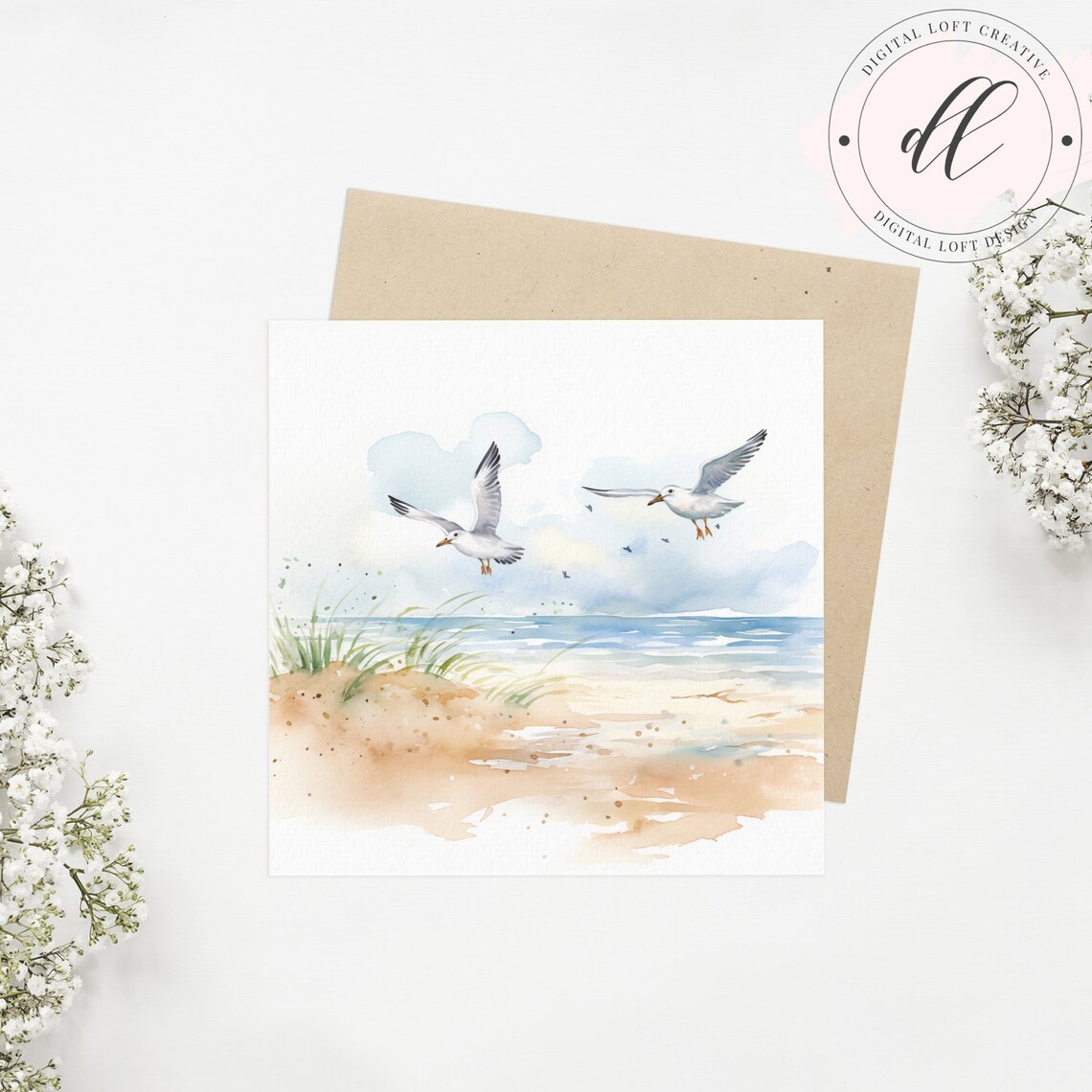 Coastal Beach Scene Watercolor Print, Seagulls Flying Over Ocean ...