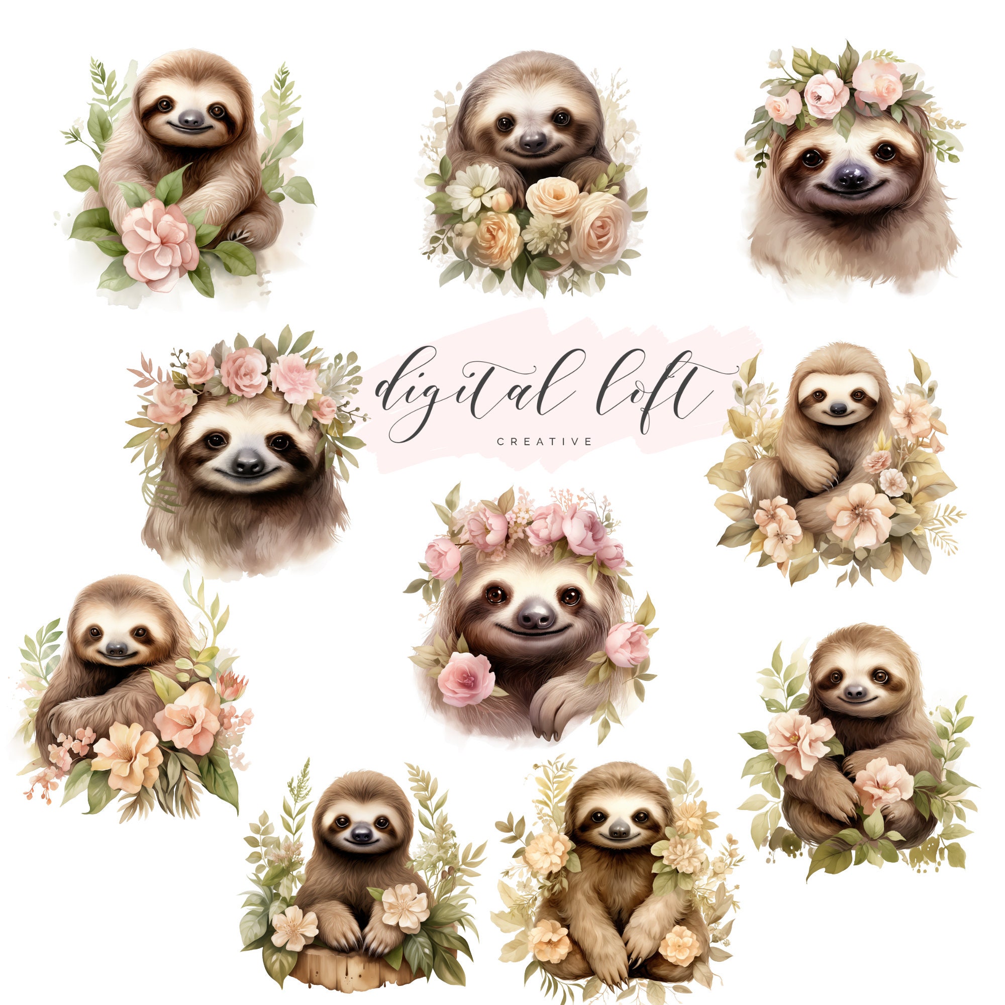 10 Sloths and Flowers Clipart, Transparent PNG, Sweet Nursery Images ...