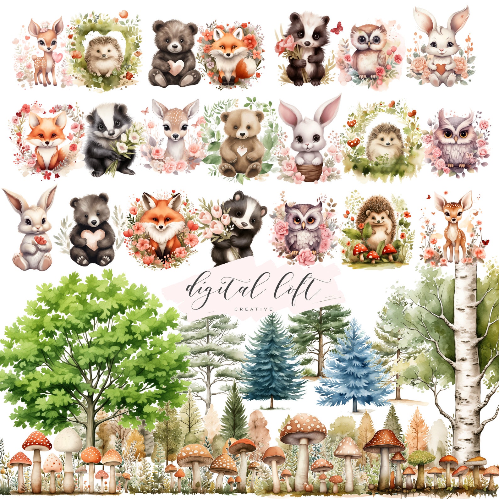 Forest Friends Watercolor Woodland Animals Clipart Bundle Trees and ...