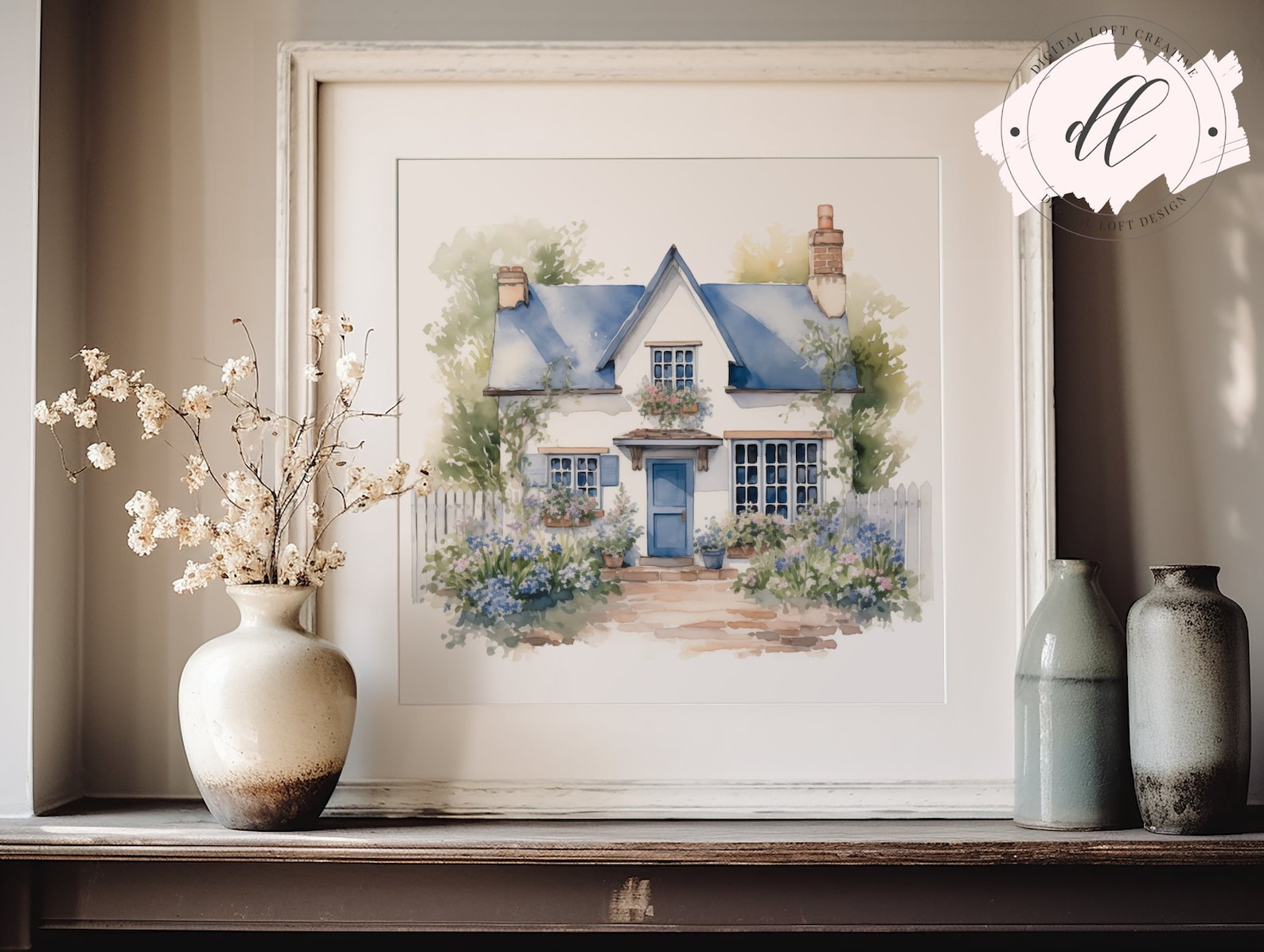 Sweet Blue Country Cottage Watercolor JPG Digital Art Print Printable ...