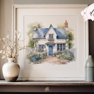 Sweet Blue Country Cottage Watercolor JPG Digital Art Print Printable ...