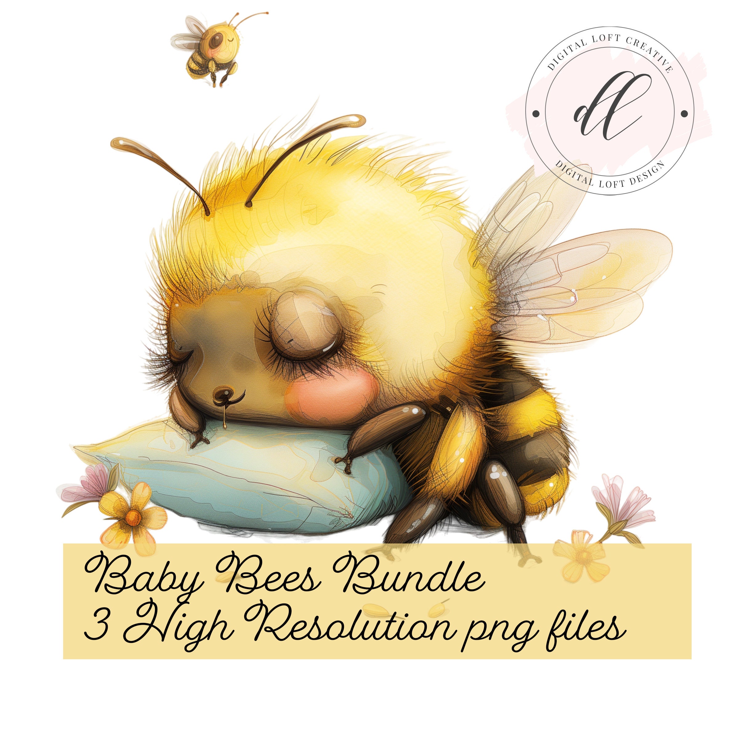 Whimsical Watercolor Baby Bees Nursery Decor Clipart PNG Bundle ...