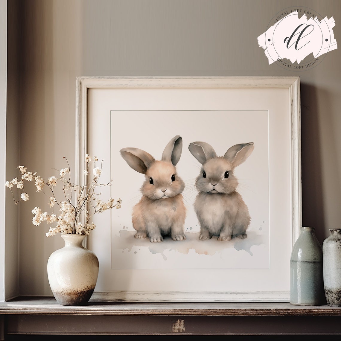 Watercolor Bunny Art Print, Printable Rabbit Wall Decor, Twin Bunnies ...