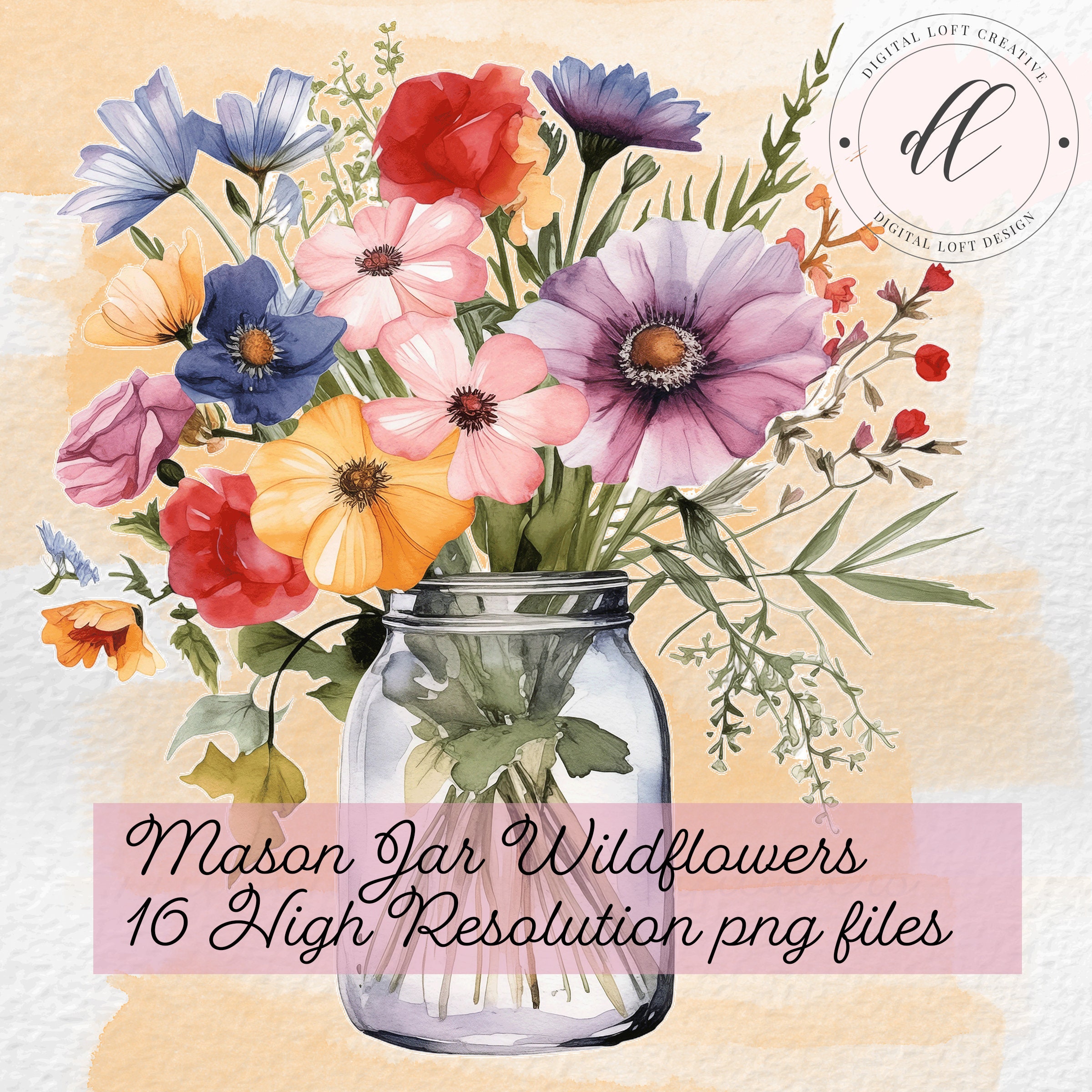 Mason Jar Wildflowers Bouquet Watercolor Scrapbooking Junk Journal ...
