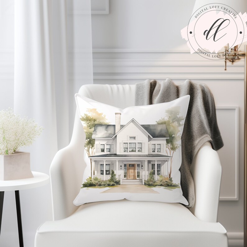 Watercolor Modern Farmhouse, Printable Custom Home Portrait, Digital ...