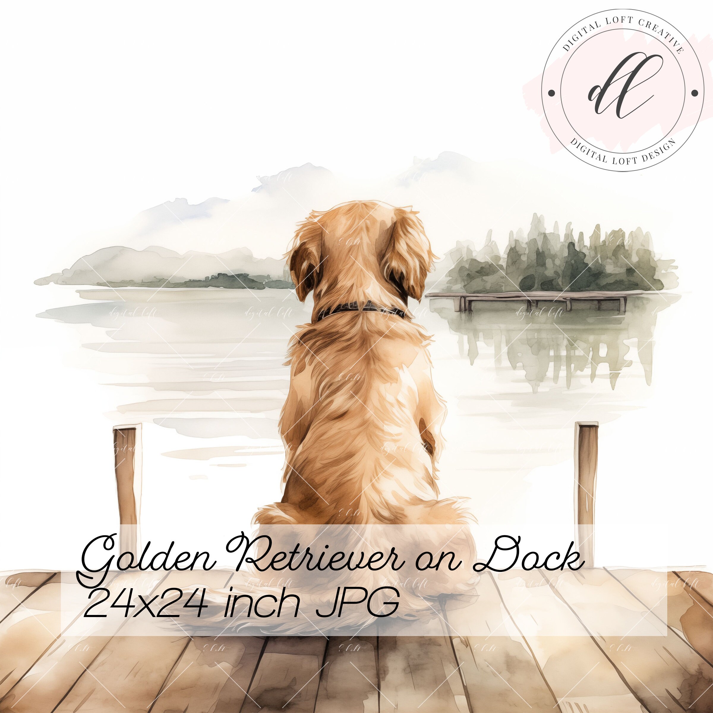 Golden Retriever Reflecting on Dock High Resolution Watercolor JPG Art ...