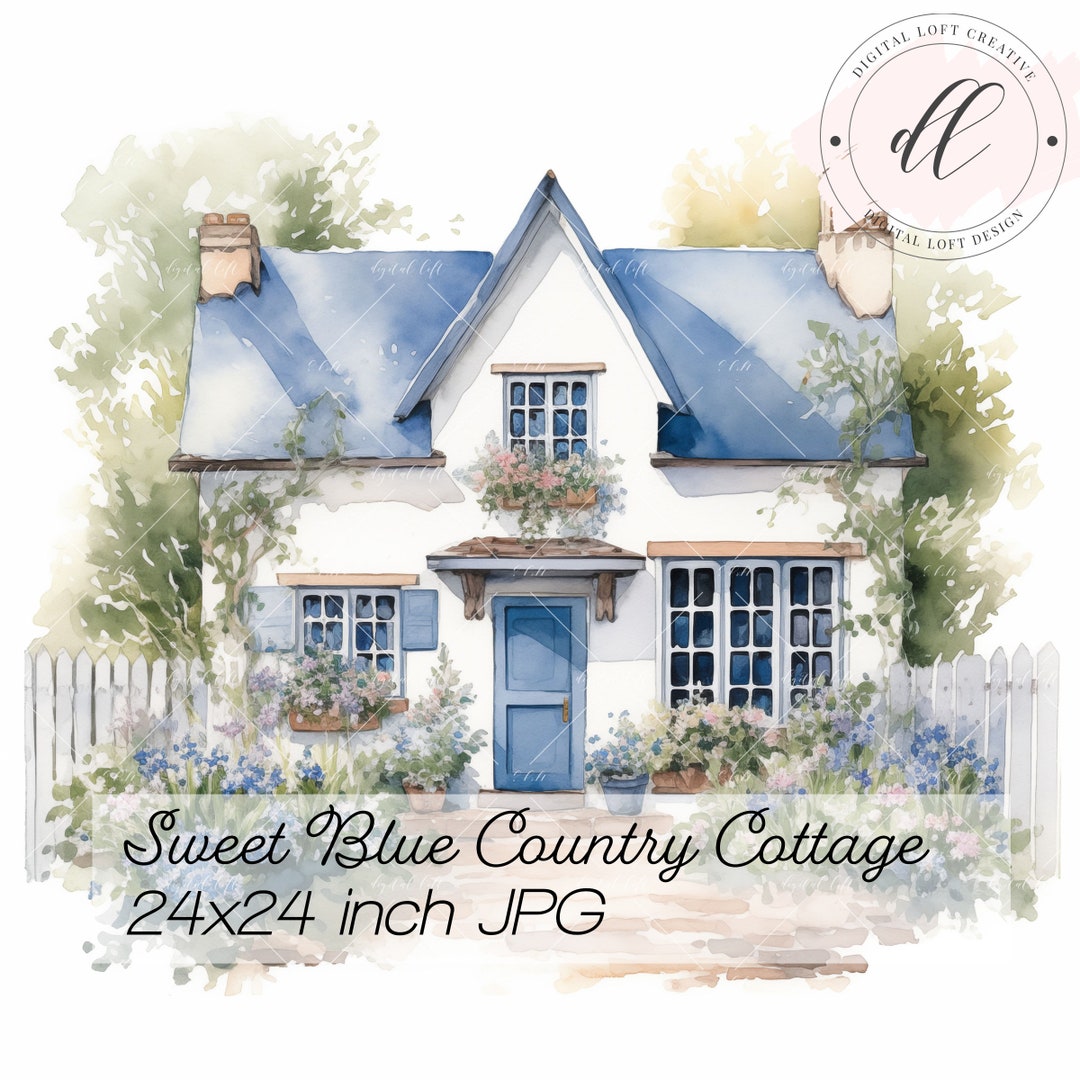 Sweet Blue Country Cottage Watercolor JPG Digital Art Print Printable ...