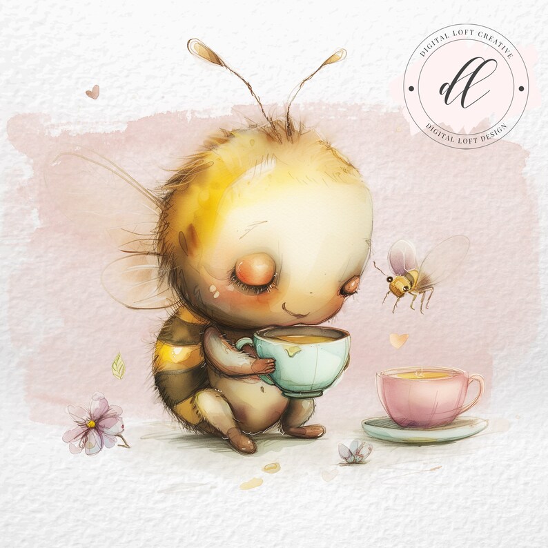 Whimsical Watercolor Baby Bees Nursery Decor Clipart PNG Bundle ...