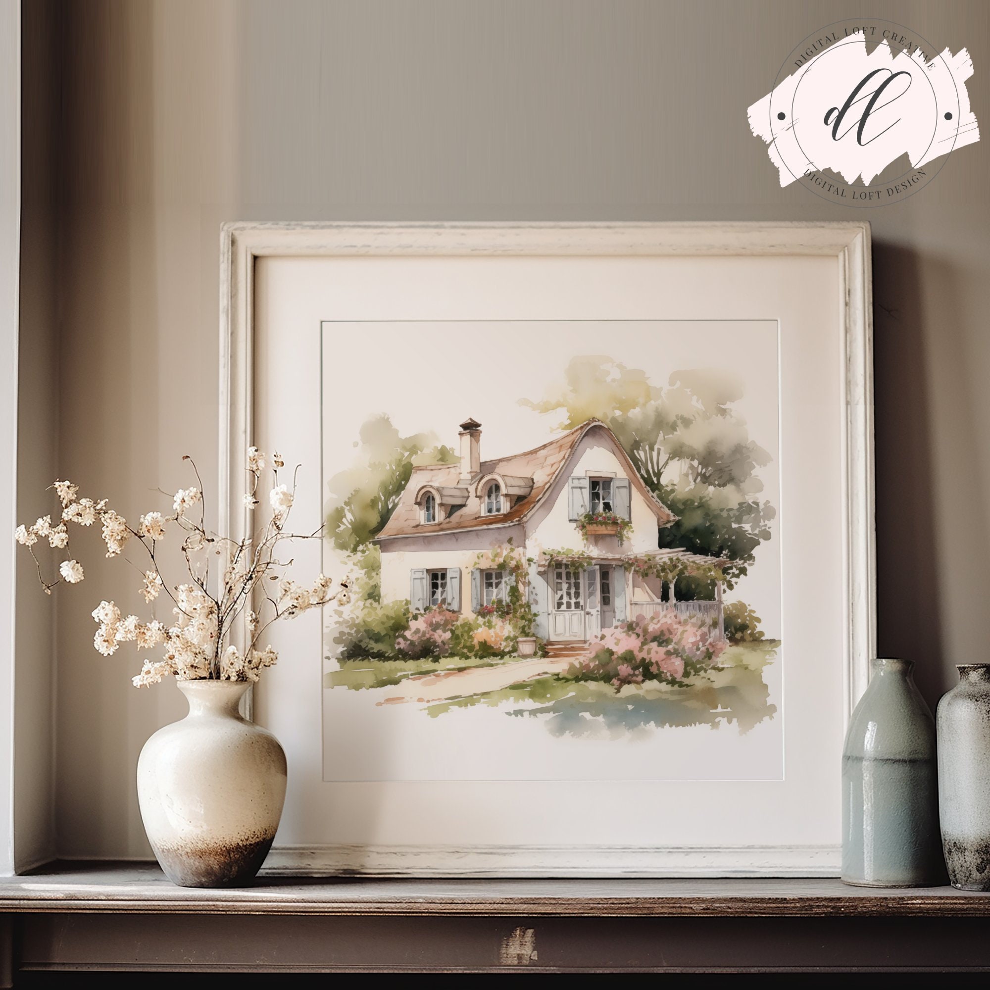 Rustic Country Cottage Watercolor Art Print, Digital Download ...