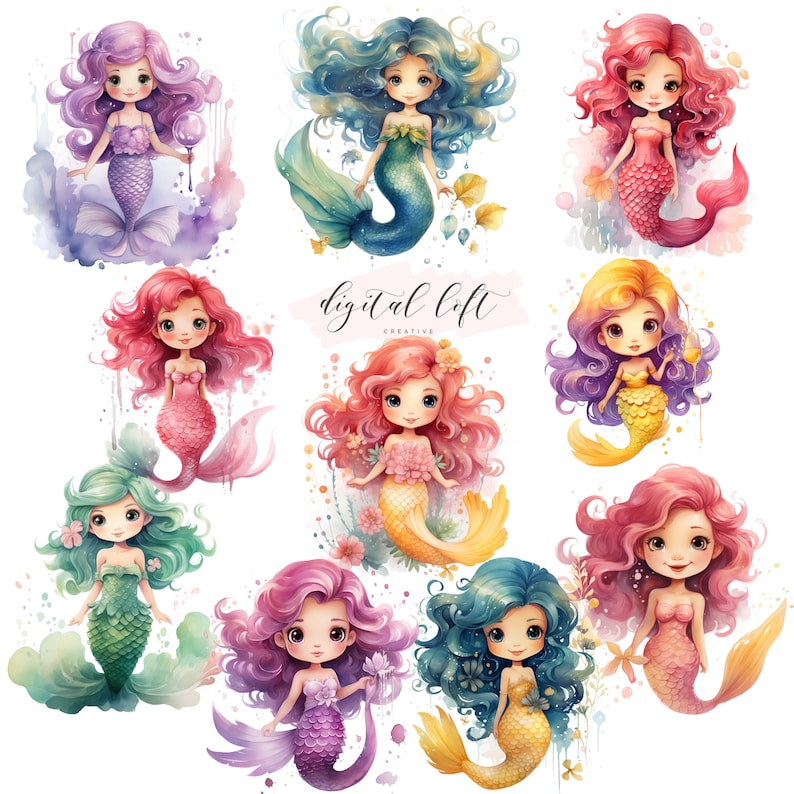 10 Watercolor Mermaids Clipart Bundle, Under the Sea Theme, Children's ...