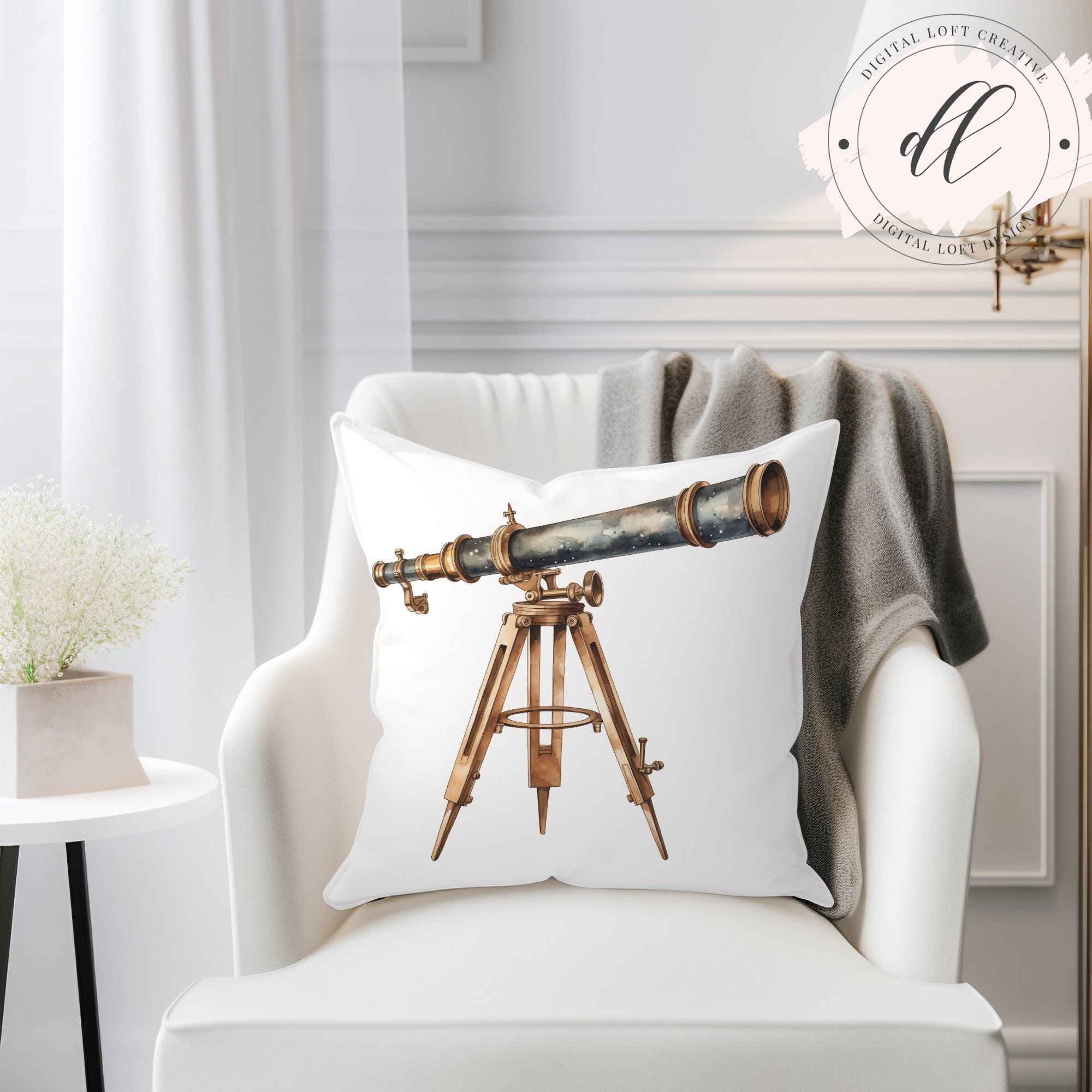Vintage Telescope Illustration, Antique Brass Telescope Digital Print ...