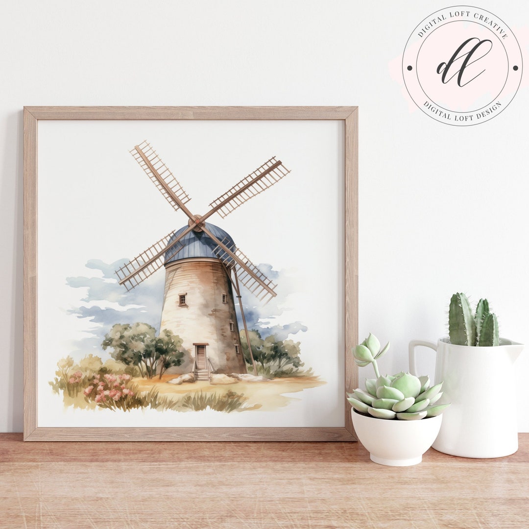Rustic Windmill Watercolor Art, Printable Countryside Scene, Digital ...