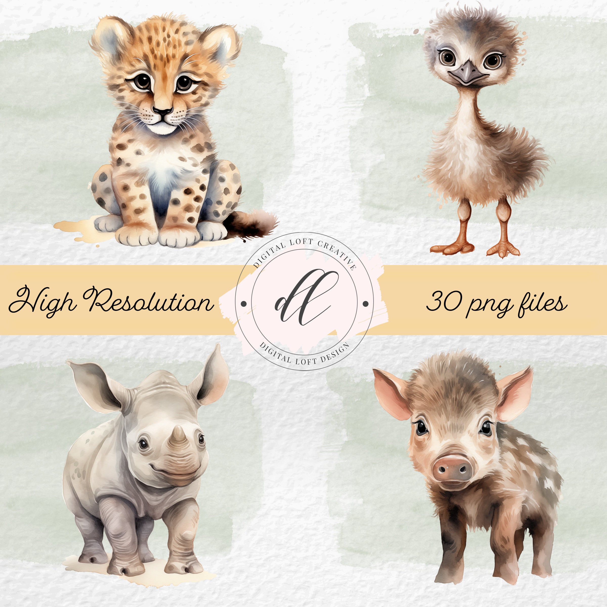 Safari Friends Watercolor African Animals Clipart Bundle Grasses and ...