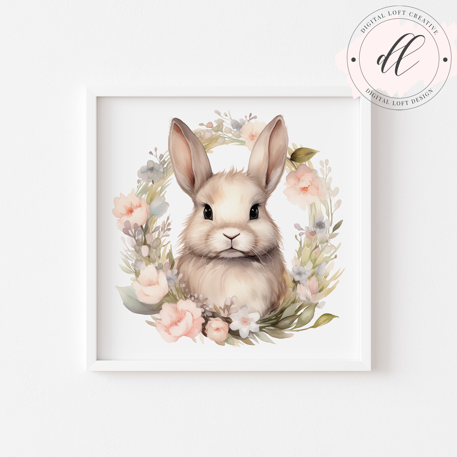 Bunny Rabbit With Floral Easter Wreath Watercolor JPG Digital Art Print ...