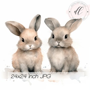 Watercolor Bunny Art Print, Printable Rabbit Wall Decor, Twin Bunnies ...