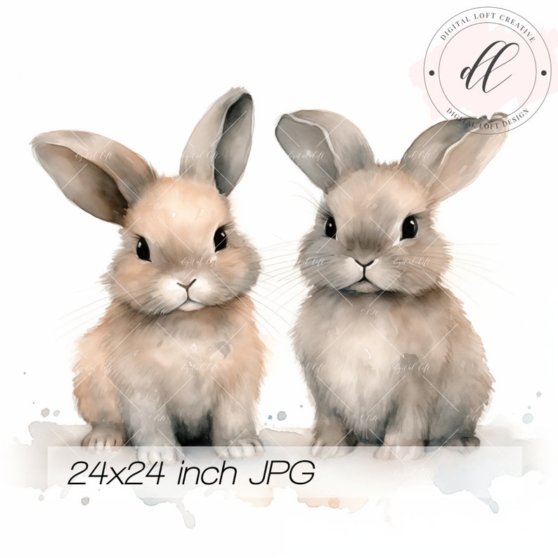 Watercolor Bunny Art Print, Printable Rabbit Wall Decor, Twin Bunnies ...