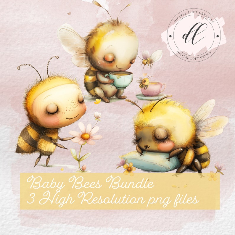 Whimsical Watercolor Baby Bees Nursery Decor Clipart PNG Bundle ...