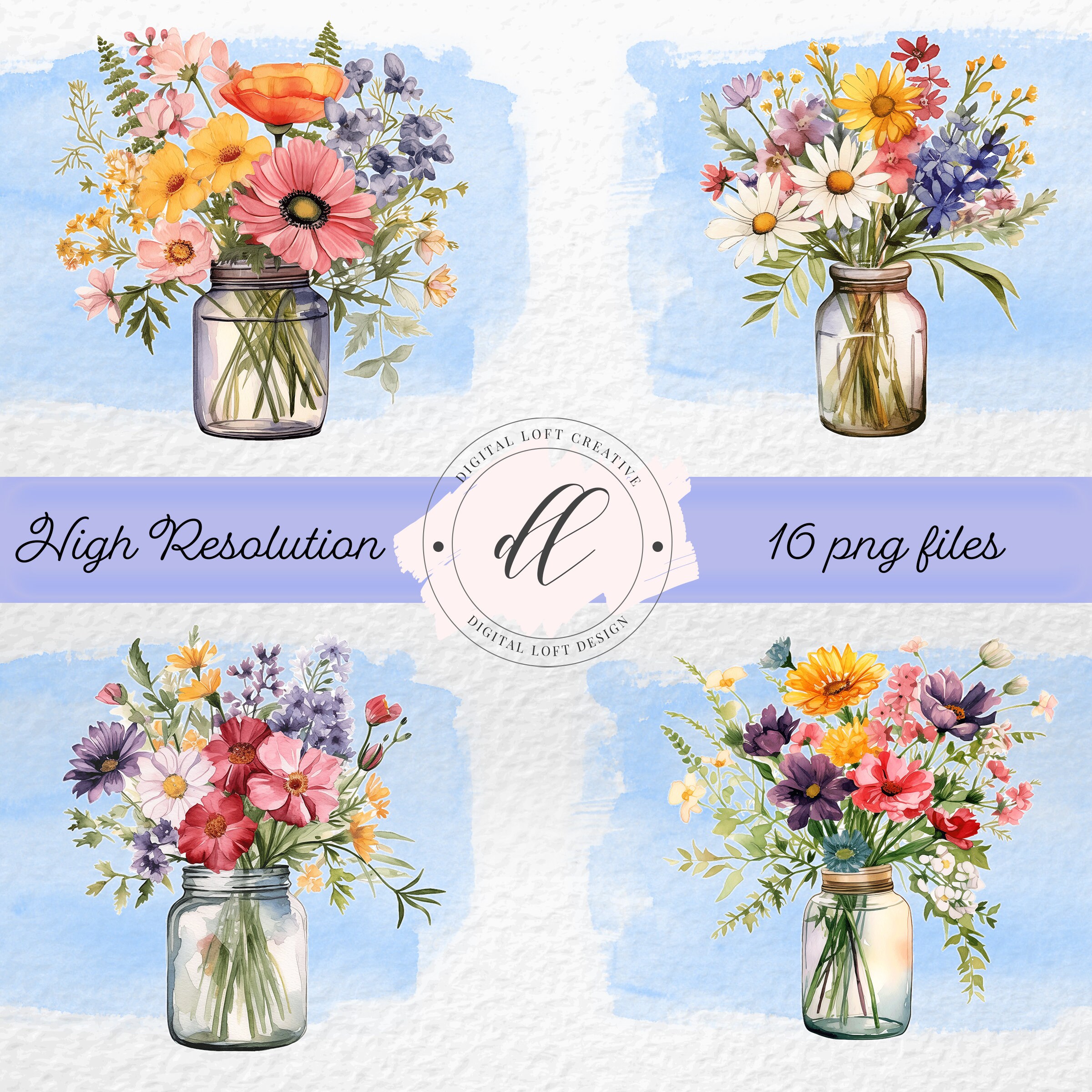 Mason Jar Wildflowers Bouquet Watercolor Scrapbooking Junk Journal ...