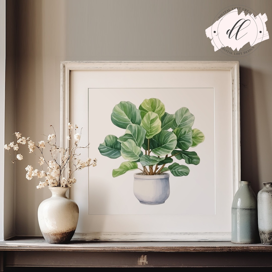 Watercolor Fiddle Leaf Fig Plant Printable, Botanical Home Decor Wall ...