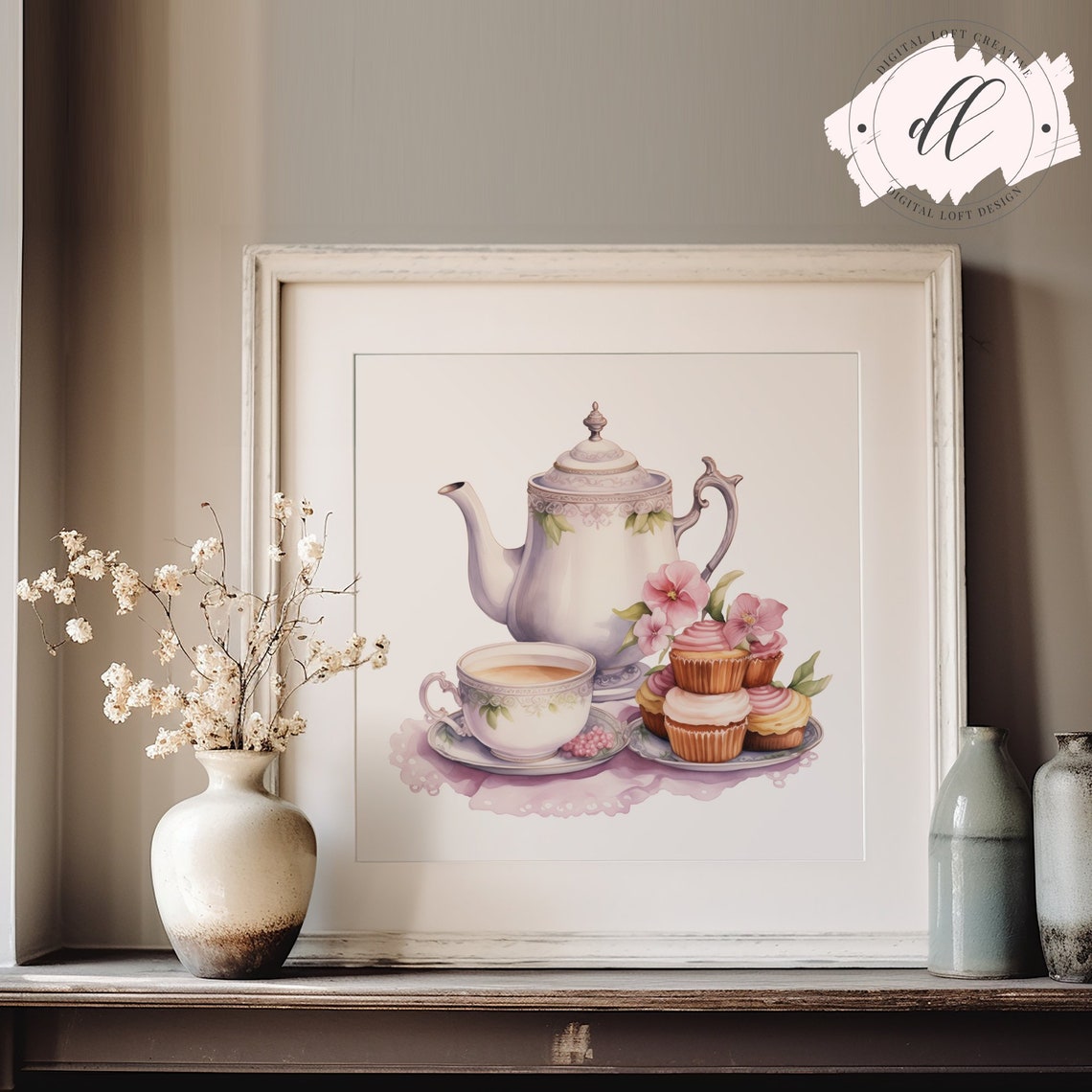 Vintage Teapot and Teacup Digital Print, Floral High Tea Illustration, Shabby Chic Kitchen Decor ...