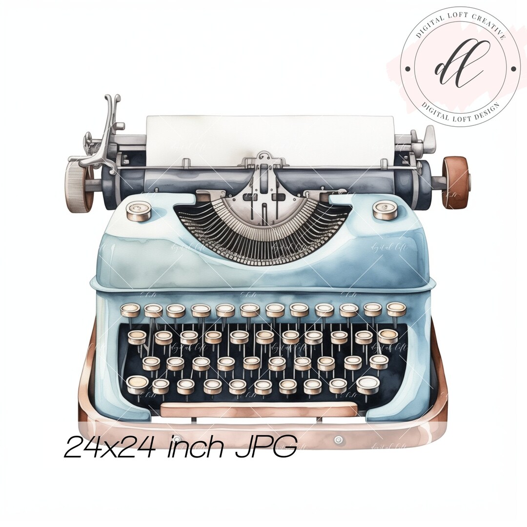 Vintage Blue Typewriter Illustration, Retro Writing Machine Digital ...