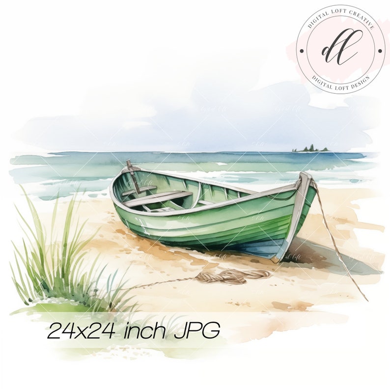 Boat on the Beach Digital Art Print, Serene Ocean Landscape, Watercolor ...