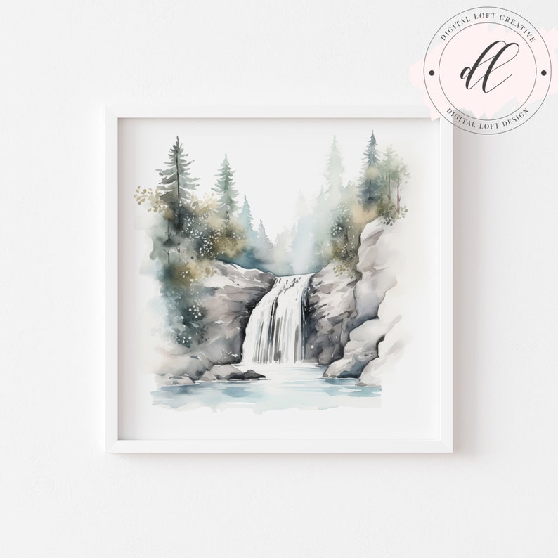Watercolor Forest Waterfall Print, Nature Wall Art, Digital Download ...
