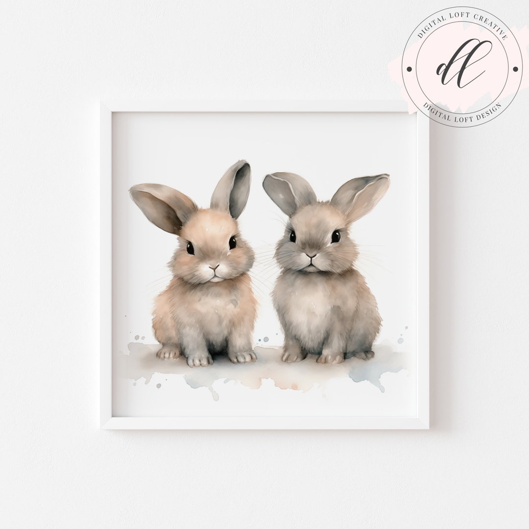 Watercolor Bunny Art Print, Printable Rabbit Wall Decor, Twin Bunnies ...