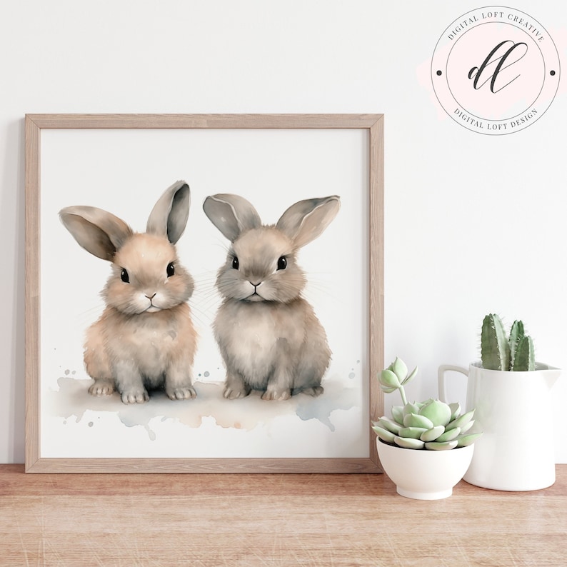 Watercolor Bunny Art Print, Printable Rabbit Wall Decor, Twin Bunnies ...