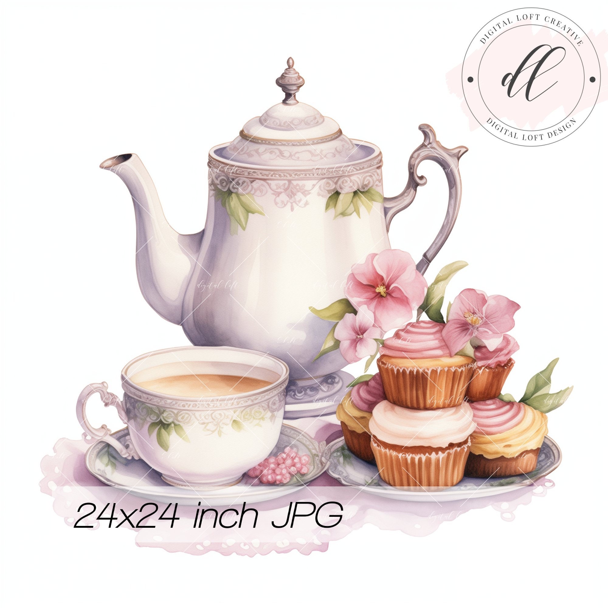 Vintage Teapot and Teacup Digital Print, Floral High Tea Illustration, Shabby Chic Kitchen Decor ...