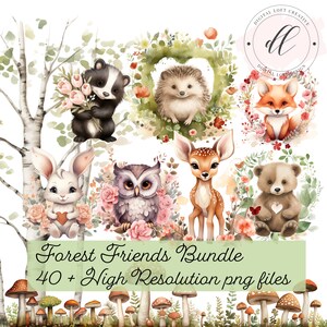 Forest Friends Watercolor Woodland Animals Clipart Bundle Trees and ...