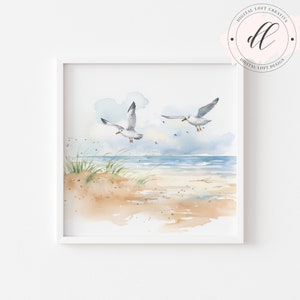 Coastal Beach Scene Watercolor Print, Seagulls Flying Over Ocean ...