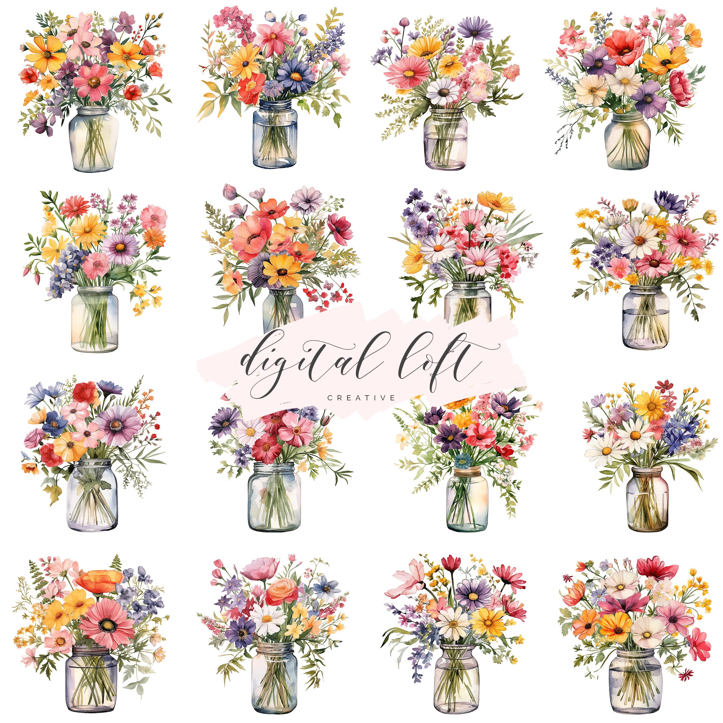 Mason Jar Wildflowers Bouquet Watercolor Scrapbooking Junk Journal ...