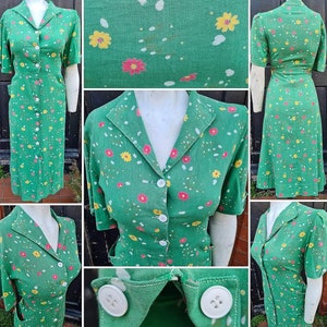 Original 1940s VOLUP Green Floral Tea Dress With Sharp Collar and ...