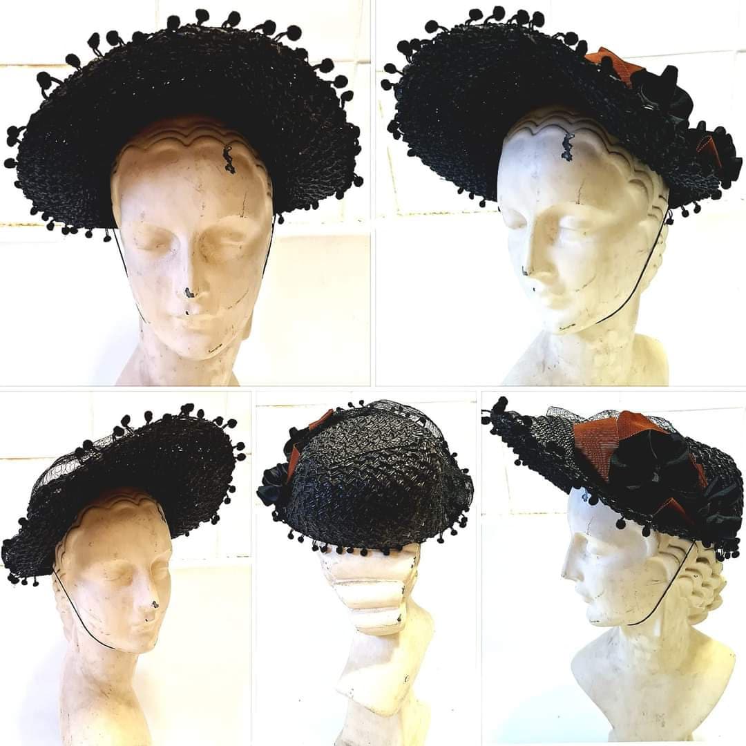 Original 1930s/40s Black Straw Halo Hat/bonnet With Pom Pom Trim and ...